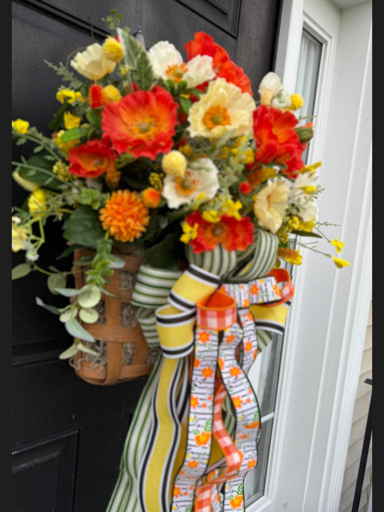 Vibrant Hanging Poppy Flower Tobacco Basket w Large Bow for Summer & S ...